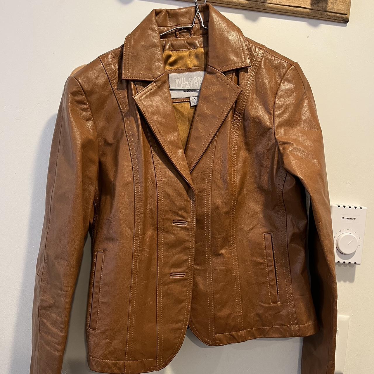 Brown leather 70s jacket. Stiff REAL leather. Thin... - Depop