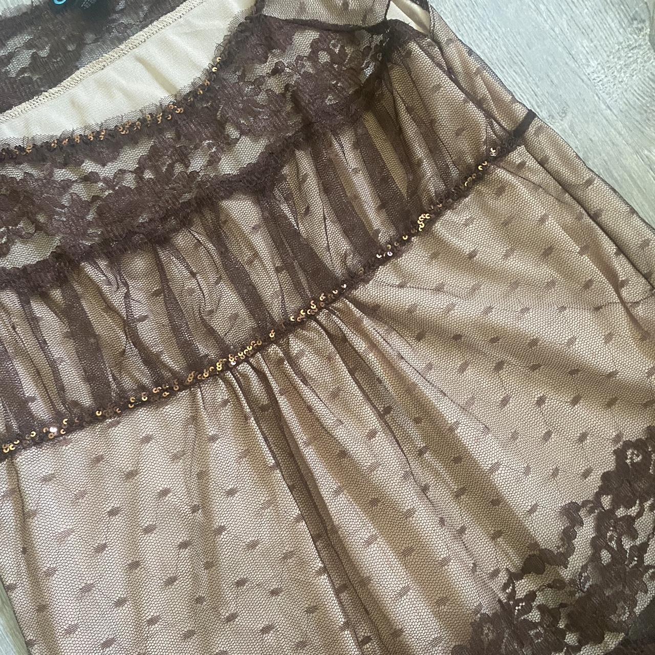 Brown lacy baby doll top blouse with cap sleeves,... - Depop