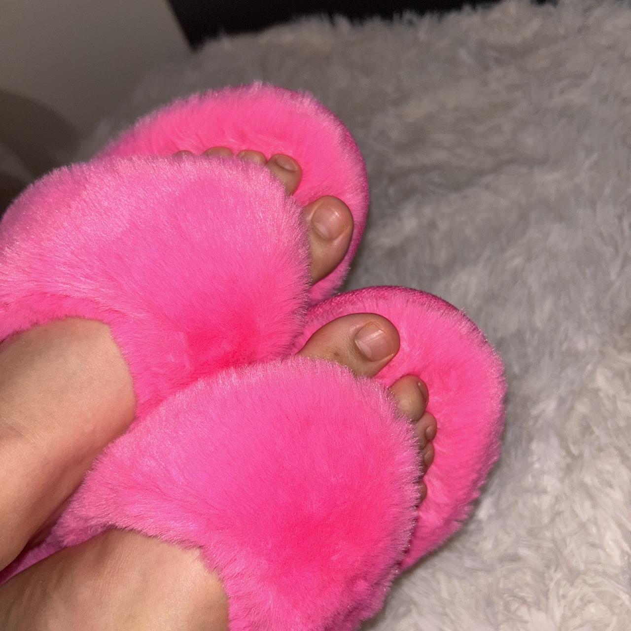 Barbie hot pink fluffy slippers in size Large (fits... - Depop
