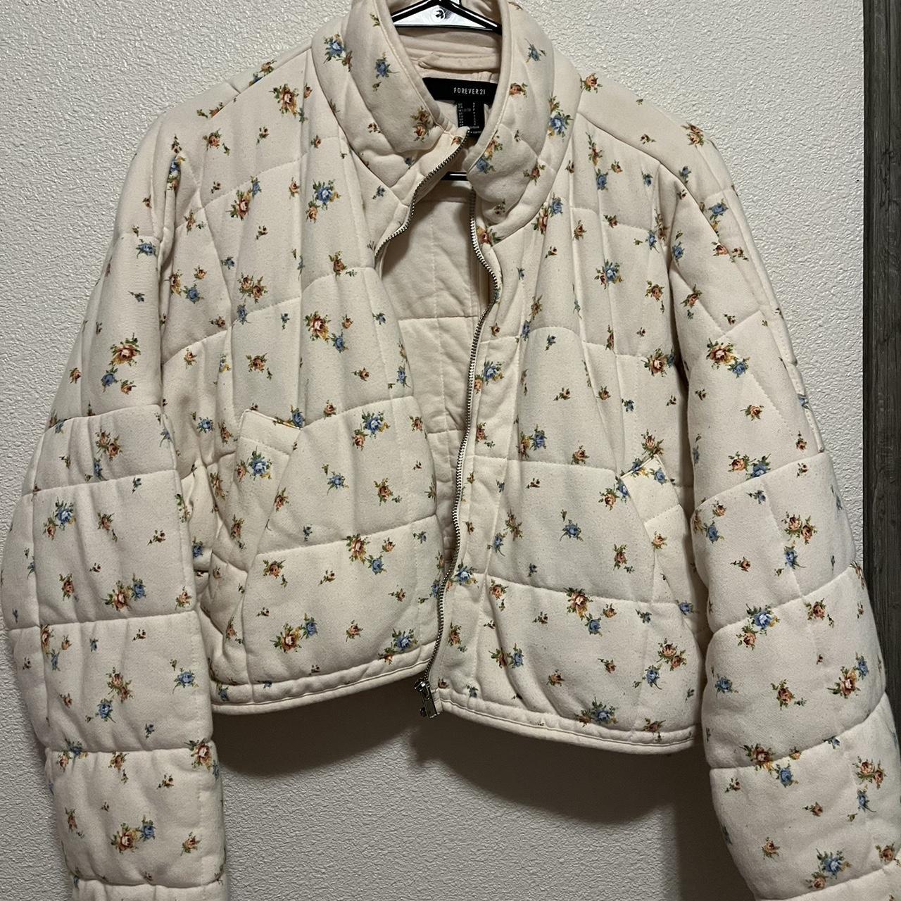 Light pink floral puffer jacket S From Forever... - Depop