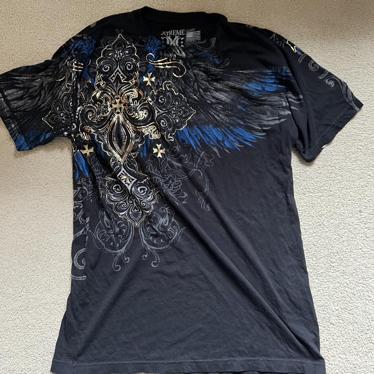 Black and blue Affliction like shirt with crazy... | Depop