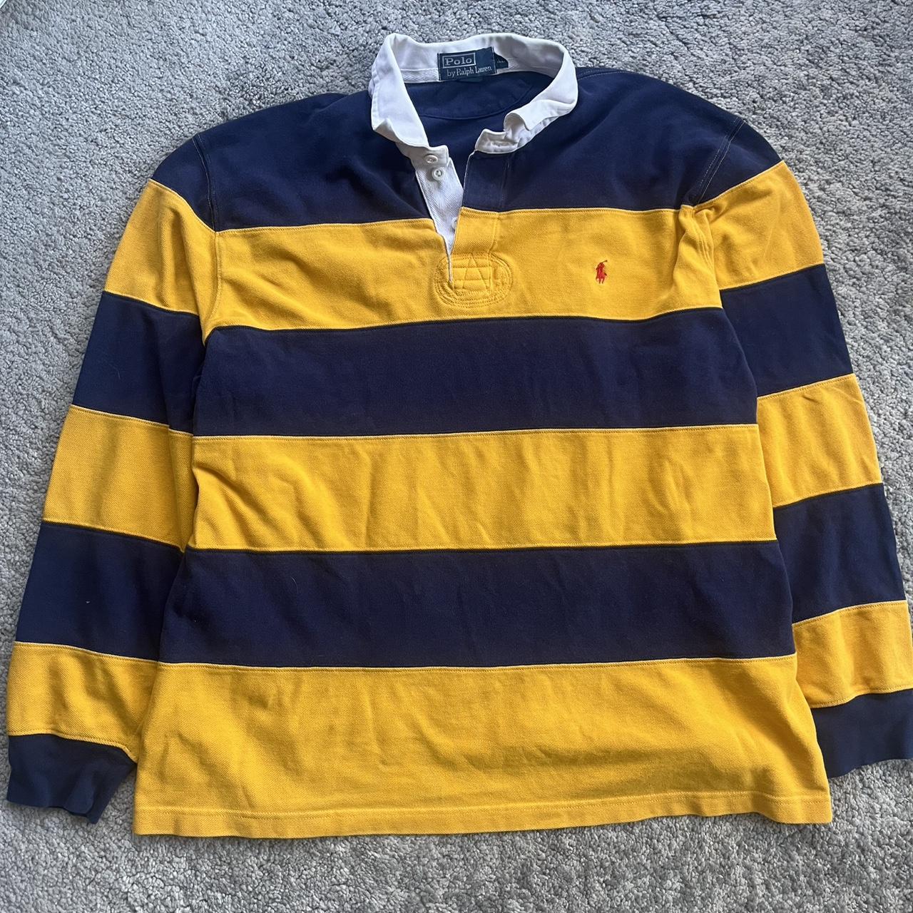 Vintage Polo Ralph Lauren Navy and yellow rugby long... | Depop