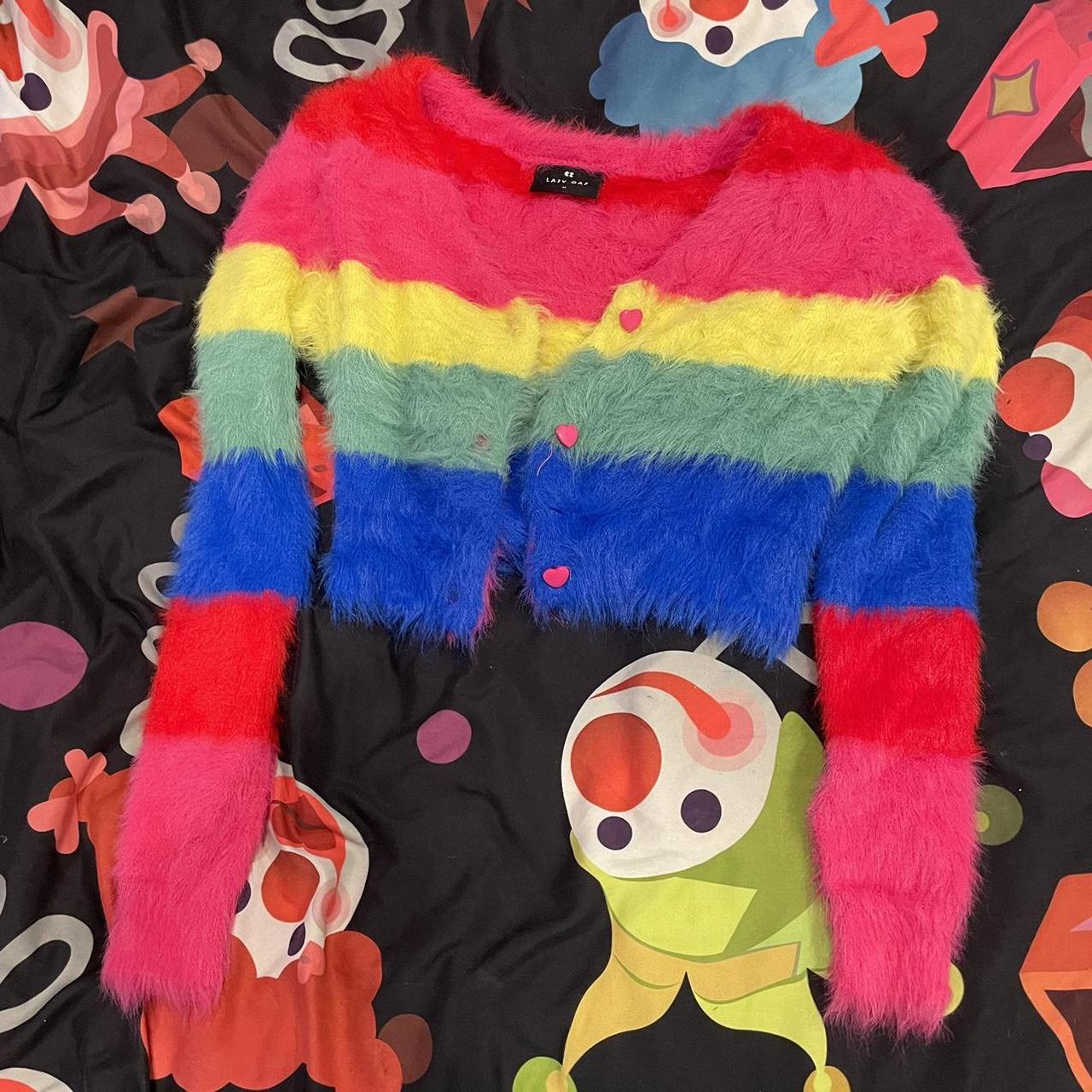 Perfect condition rainbow fuzzy lazy oaf cropped... - Depop
