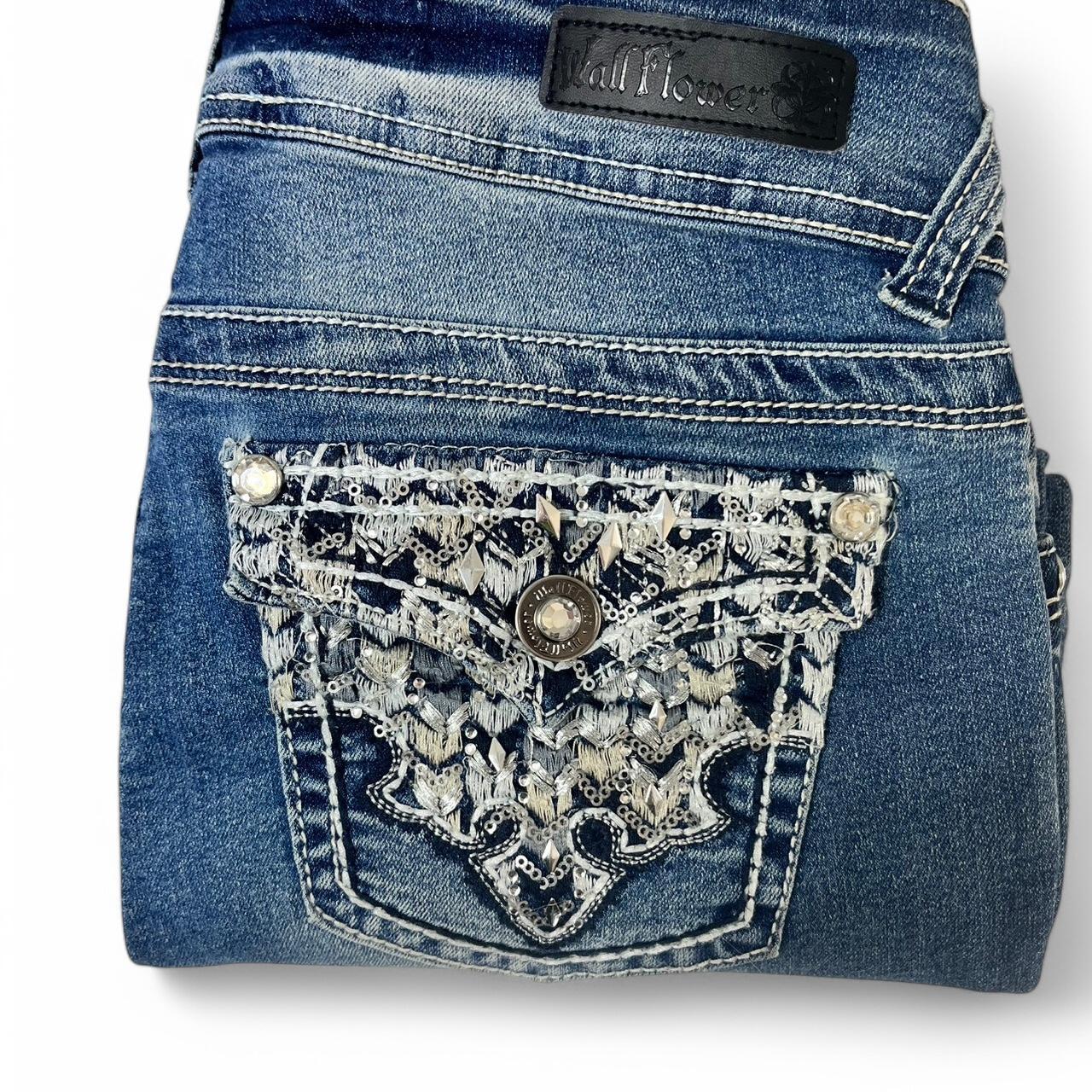 Blue low-rise capris with rhinestone pocket detail... | Depop