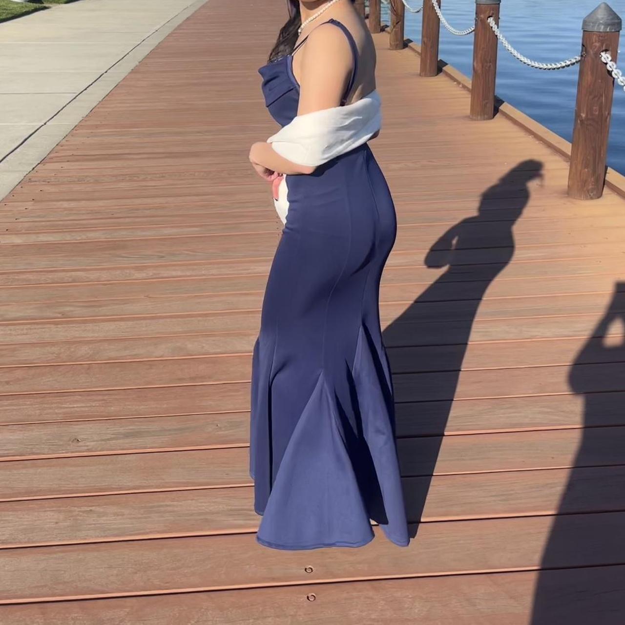 Navy blue fishtail dress with sequin chest details ... | Depop