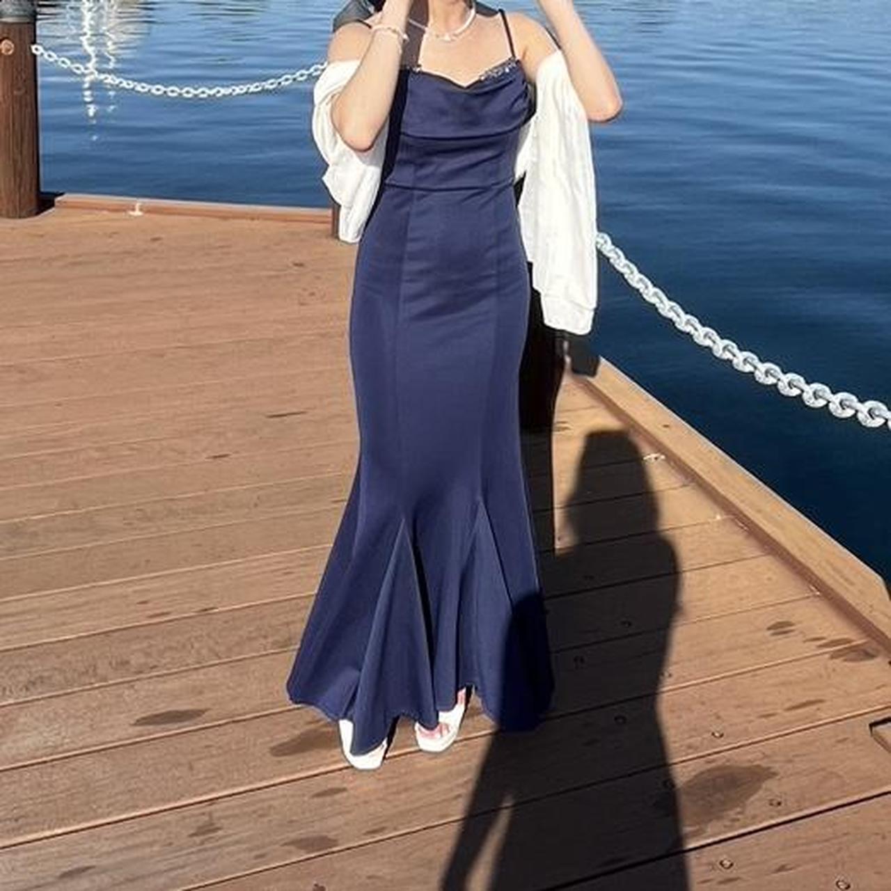 Navy blue fishtail dress with sequin chest details ... | Depop