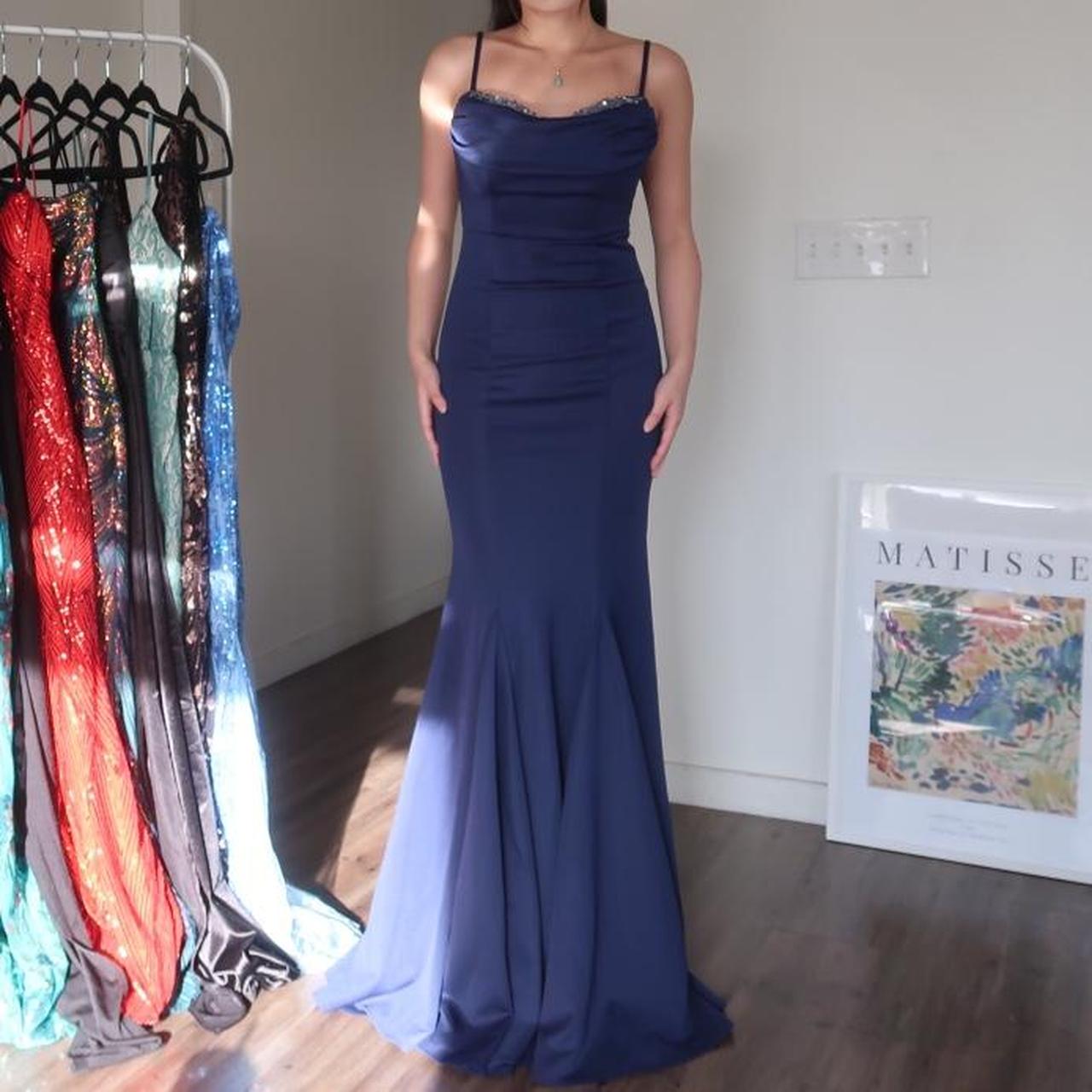 Navy blue fishtail dress with sequin chest details ... | Depop