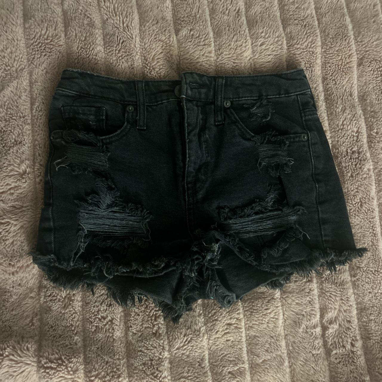 high-rise black distressed denim shorts cute and... - Depop
