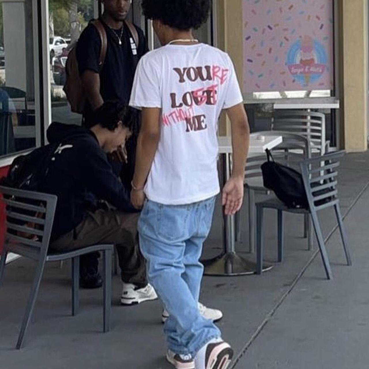 Sad boy jeans - pink print on light wash men jeans... - Depop