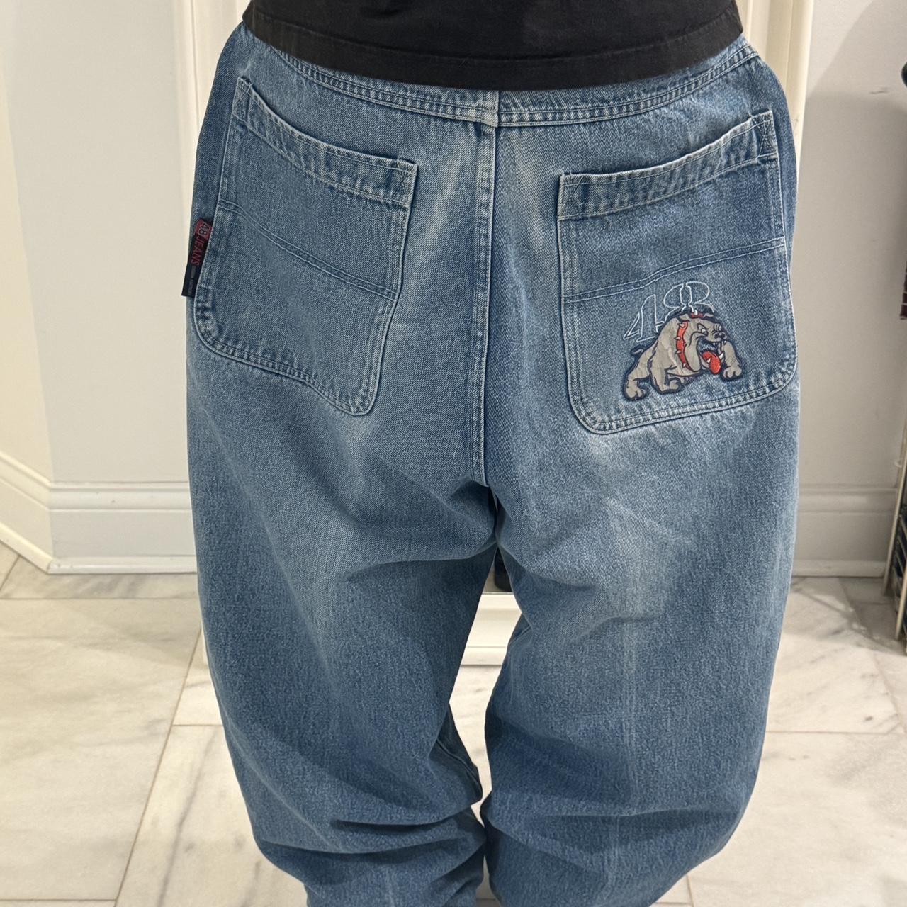 1990s JNCO type baggy jeans bulldog patch 42x32... - Depop