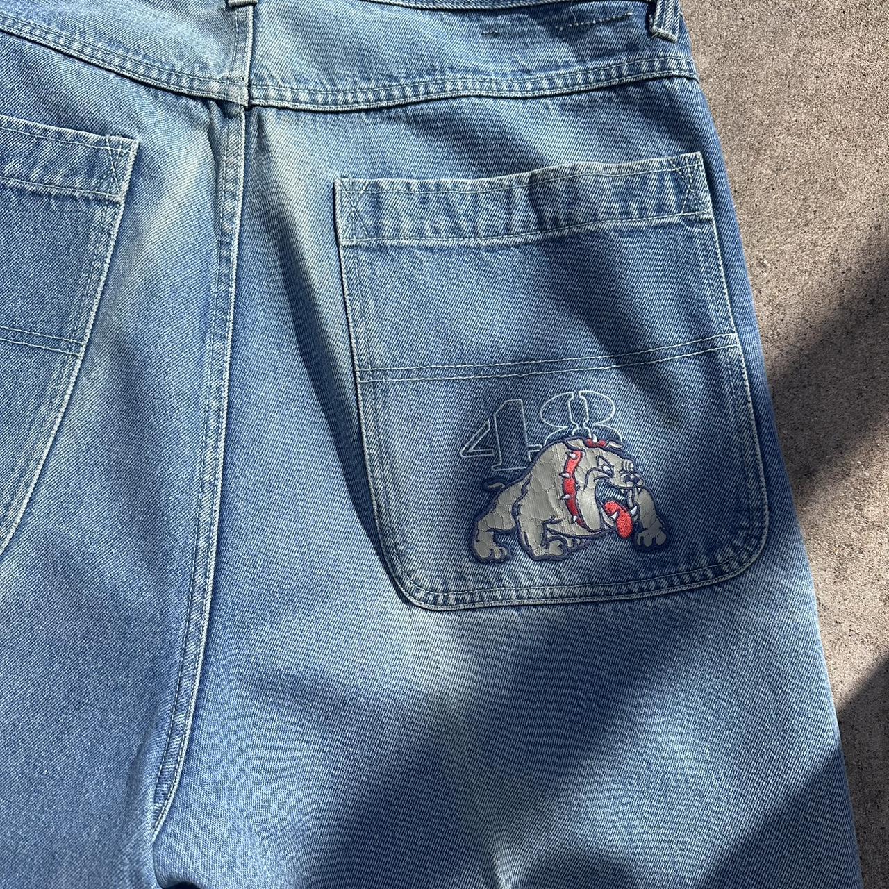 1990s JNCO type baggy jeans bulldog patch 42x32... | Depop