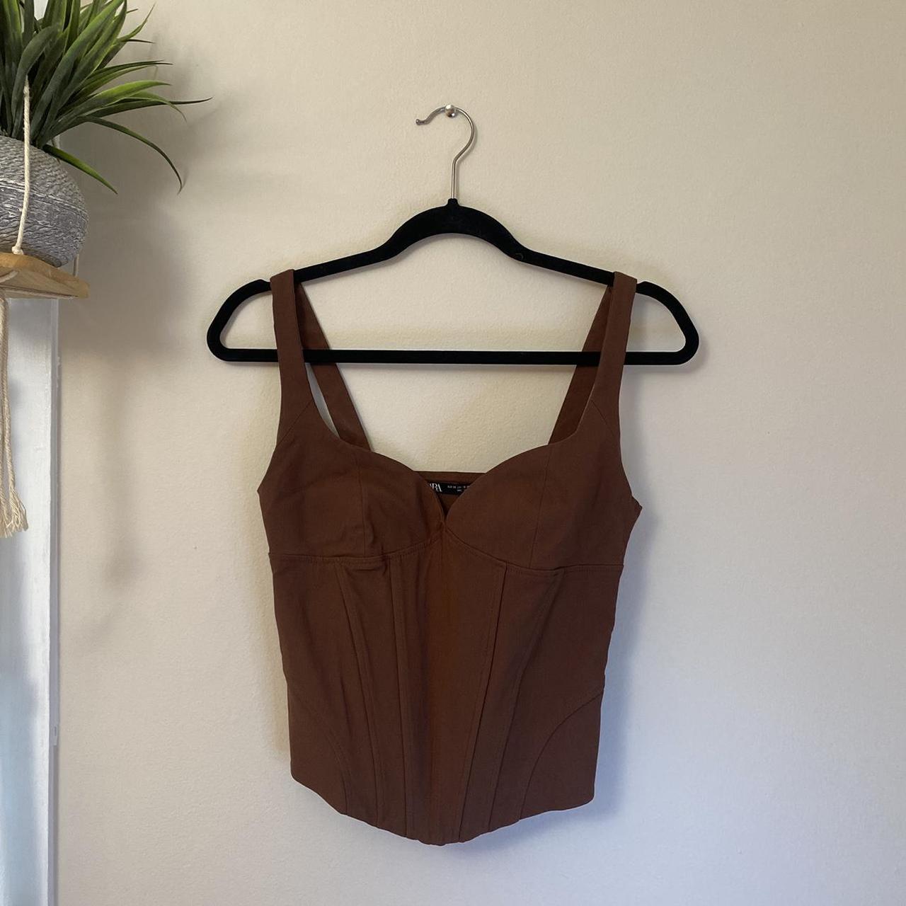 Zara corset top brown size XS new w/ tags Zips up... - Depop
