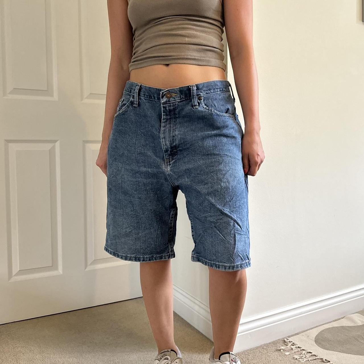 vintage wrangler baggy denim jorts long shorts... - Depop