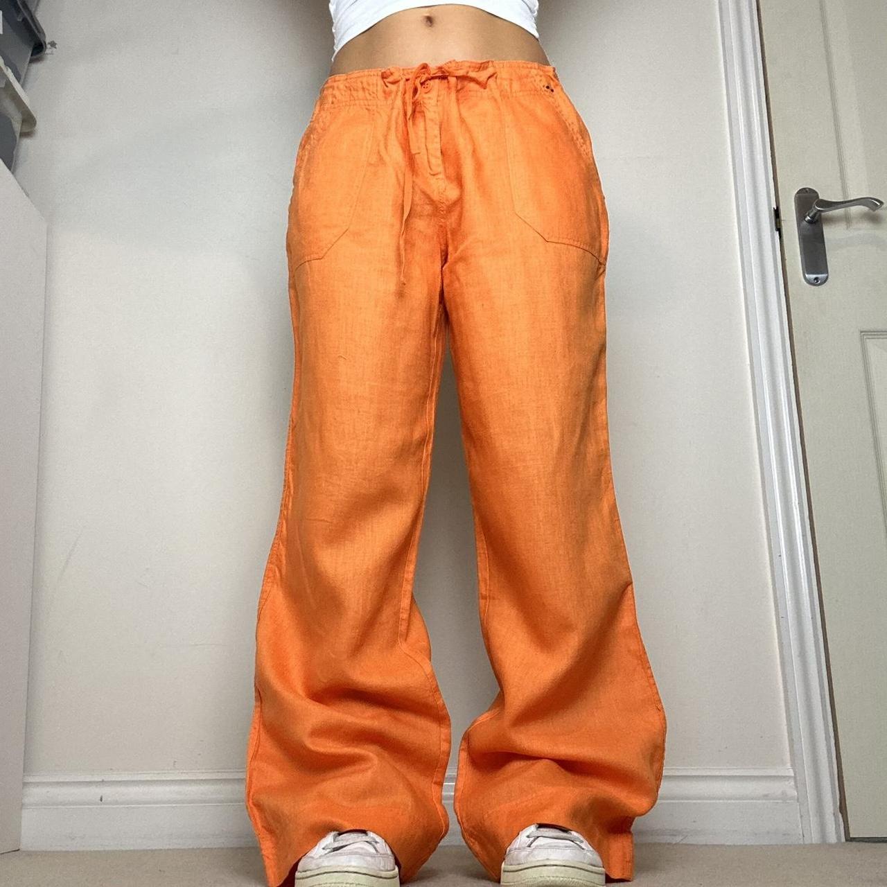Orange linen trousers with drawstring waist -... - Depop