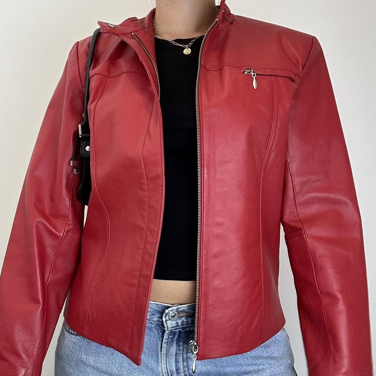 Vintage red leather zip up jacket Size 12- Shown... - Depop
