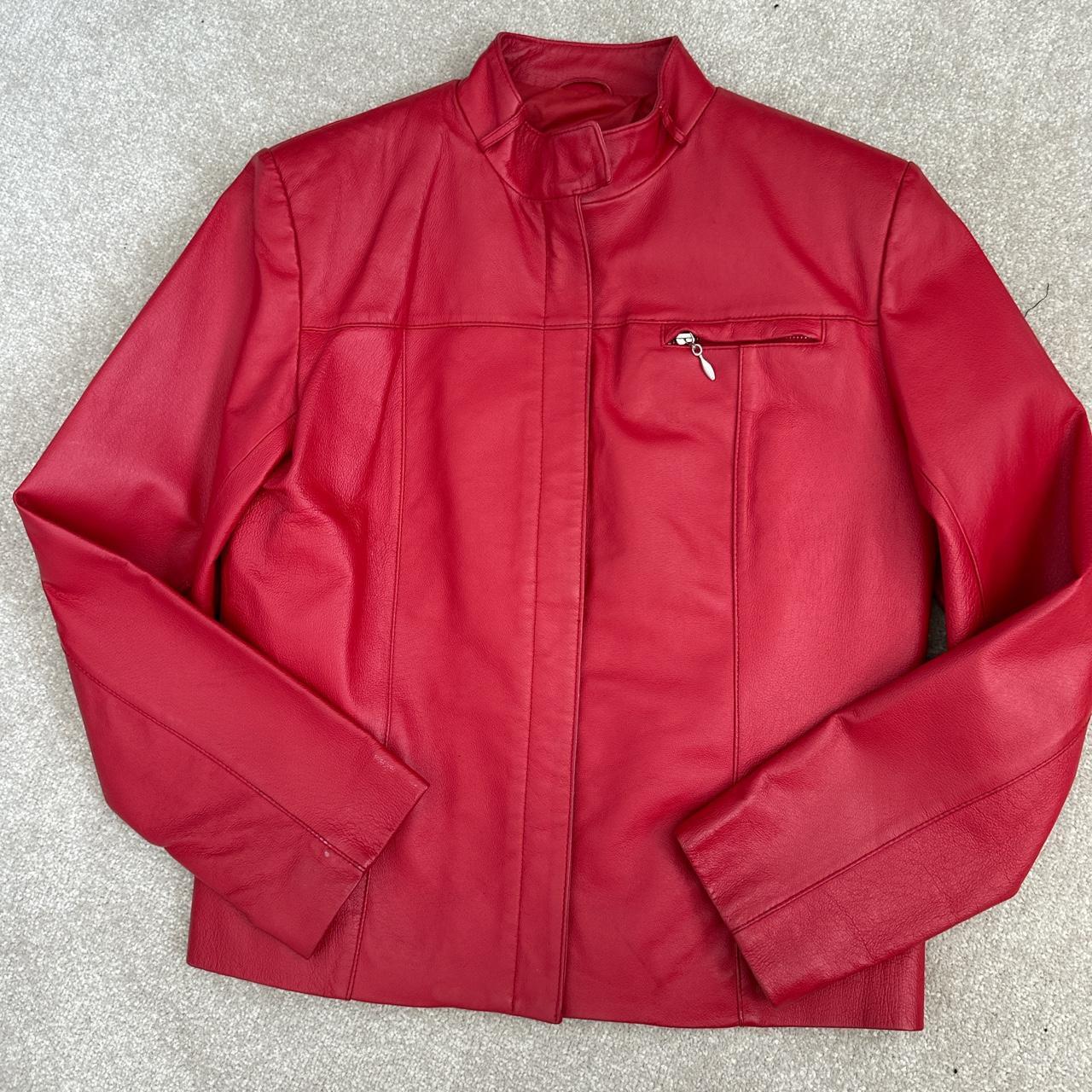 Vintage red leather zip up jacket Size 12- Shown... - Depop
