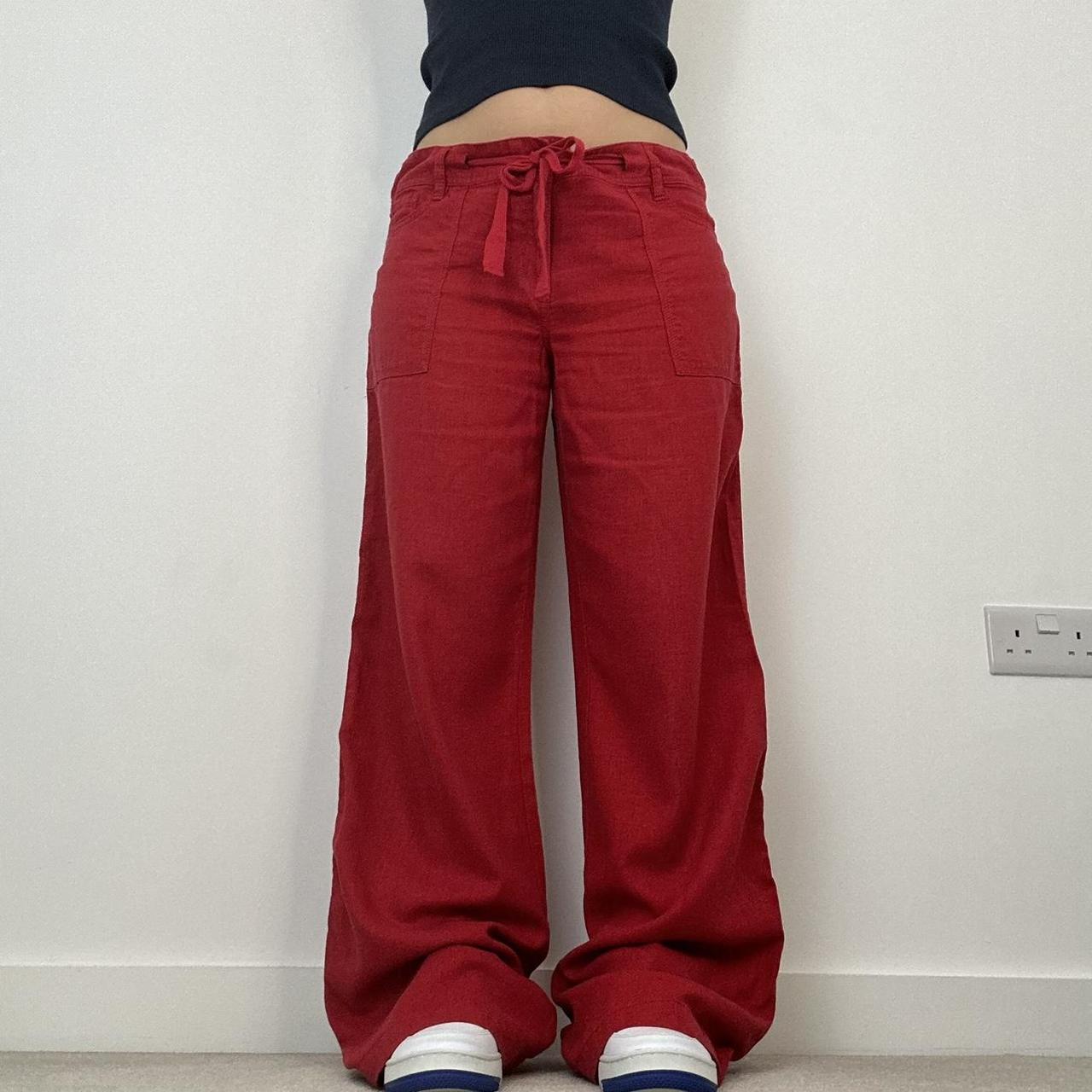 Red linen trousers with drawstring waist Size 14... - Depop