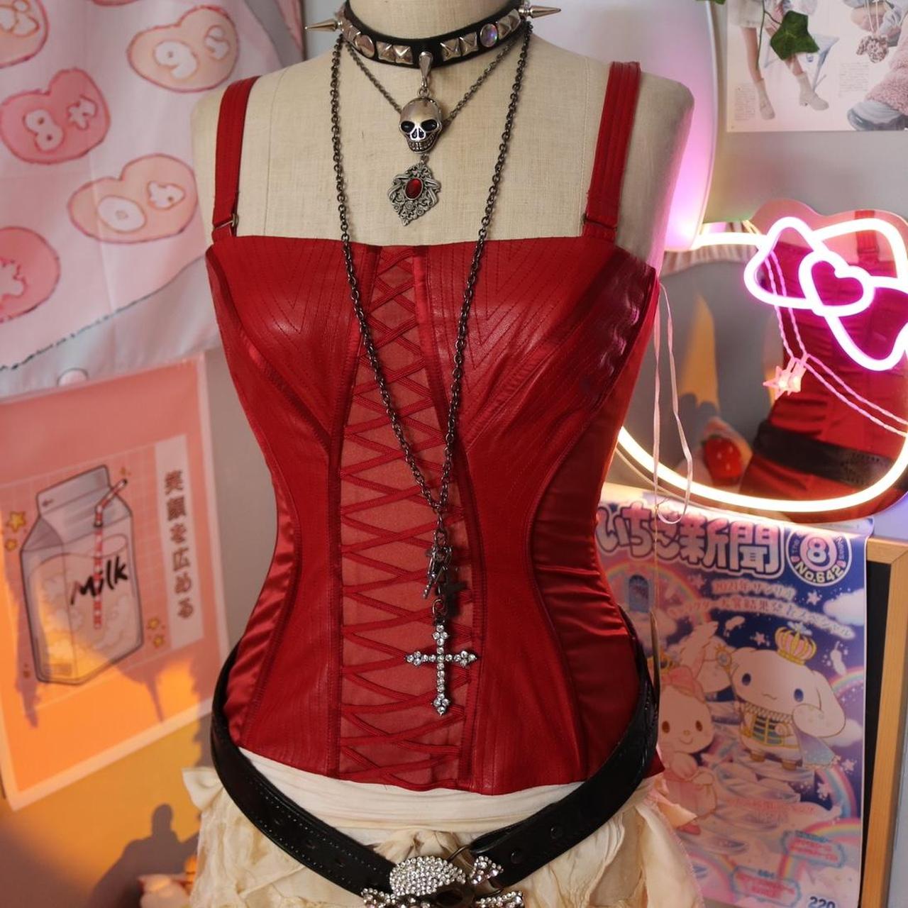 Rockstar gf 90s red leather corset ⭐️ Measurements... - Depop