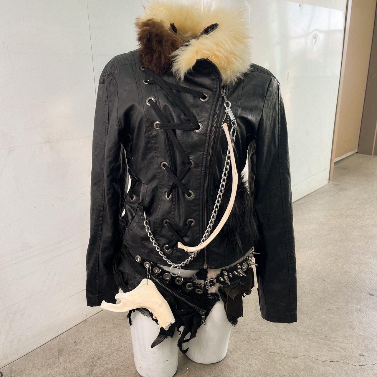 🇺🇸 Black lace up leather jacket with real lamb fur... - Depop