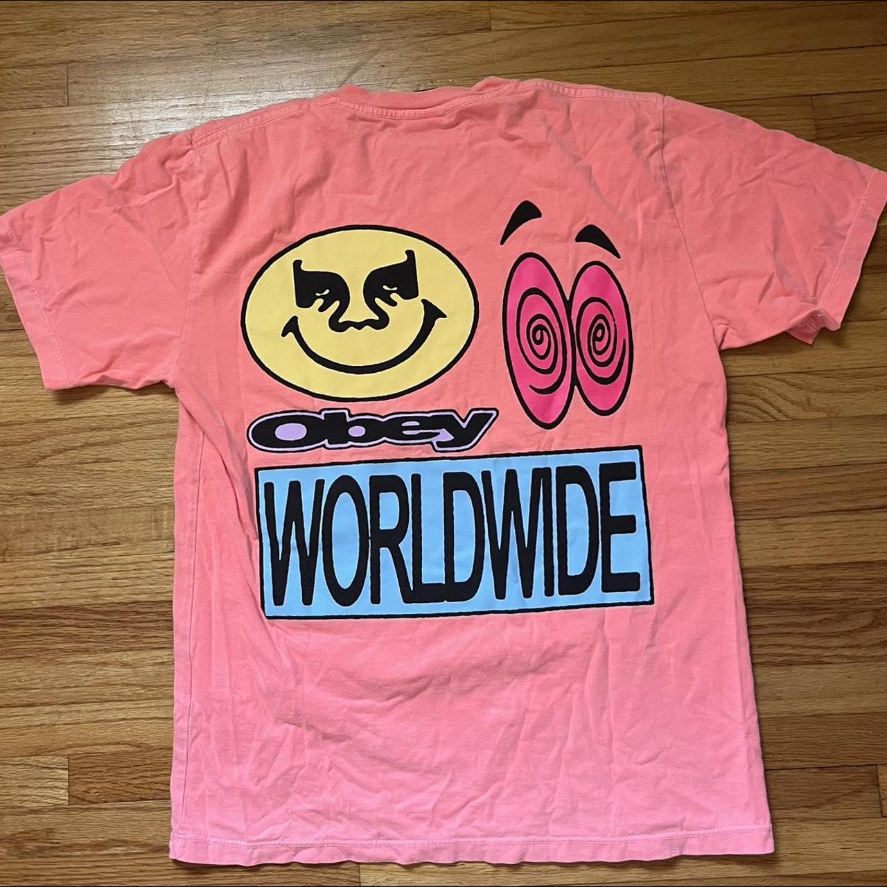 Obey worldwide graphic tee shirt Bright pink... - Depop