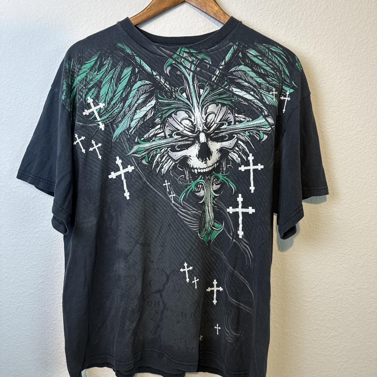 Black and green Affliction skull t-shirt with skull... - Depop