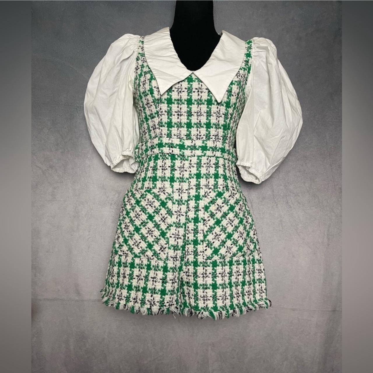 Green tweed schoolgirl preppy romper jumsupit with... - Depop