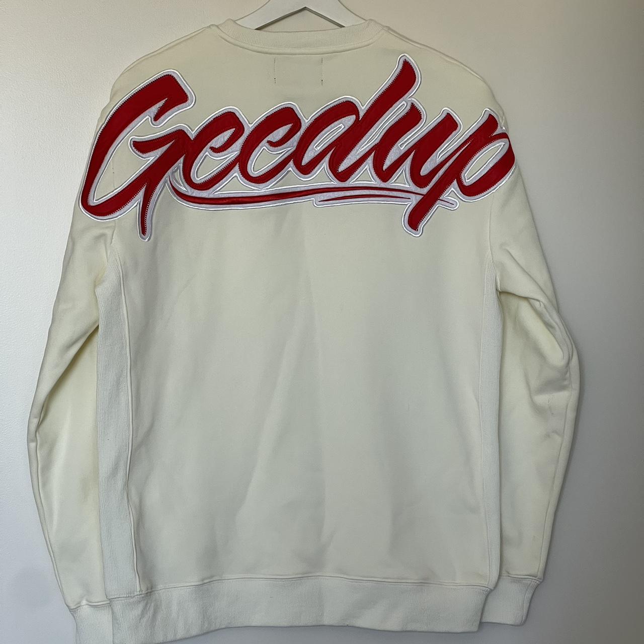 Geedup White Crew Neck Jumper with Red Script -... - Depop
