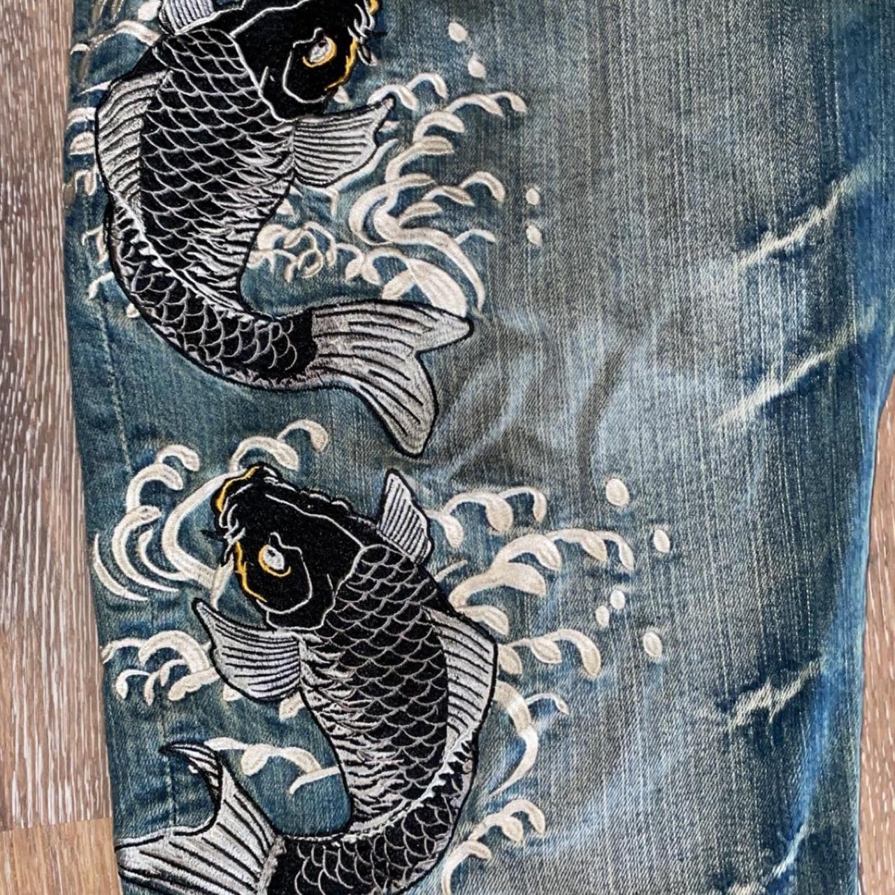 JAPANESE embroidered koi fish jeans baggy 38x30... - Depop
