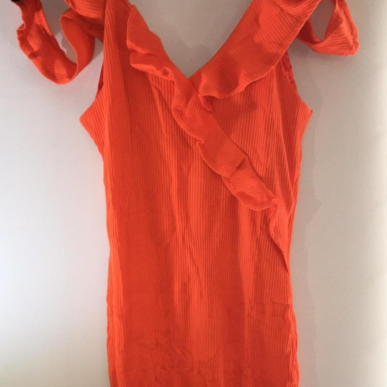New Vibrant Orange Cold Shoulder Ruffle Dress Size L... - Depop