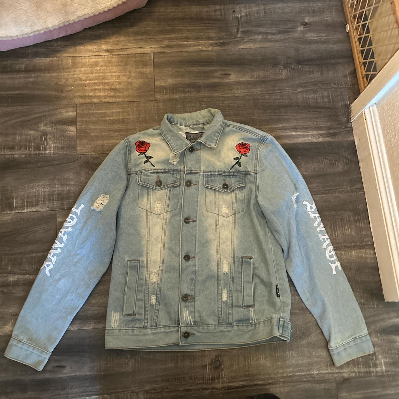 real nice denim jacket with cool designs front and... - Depop
