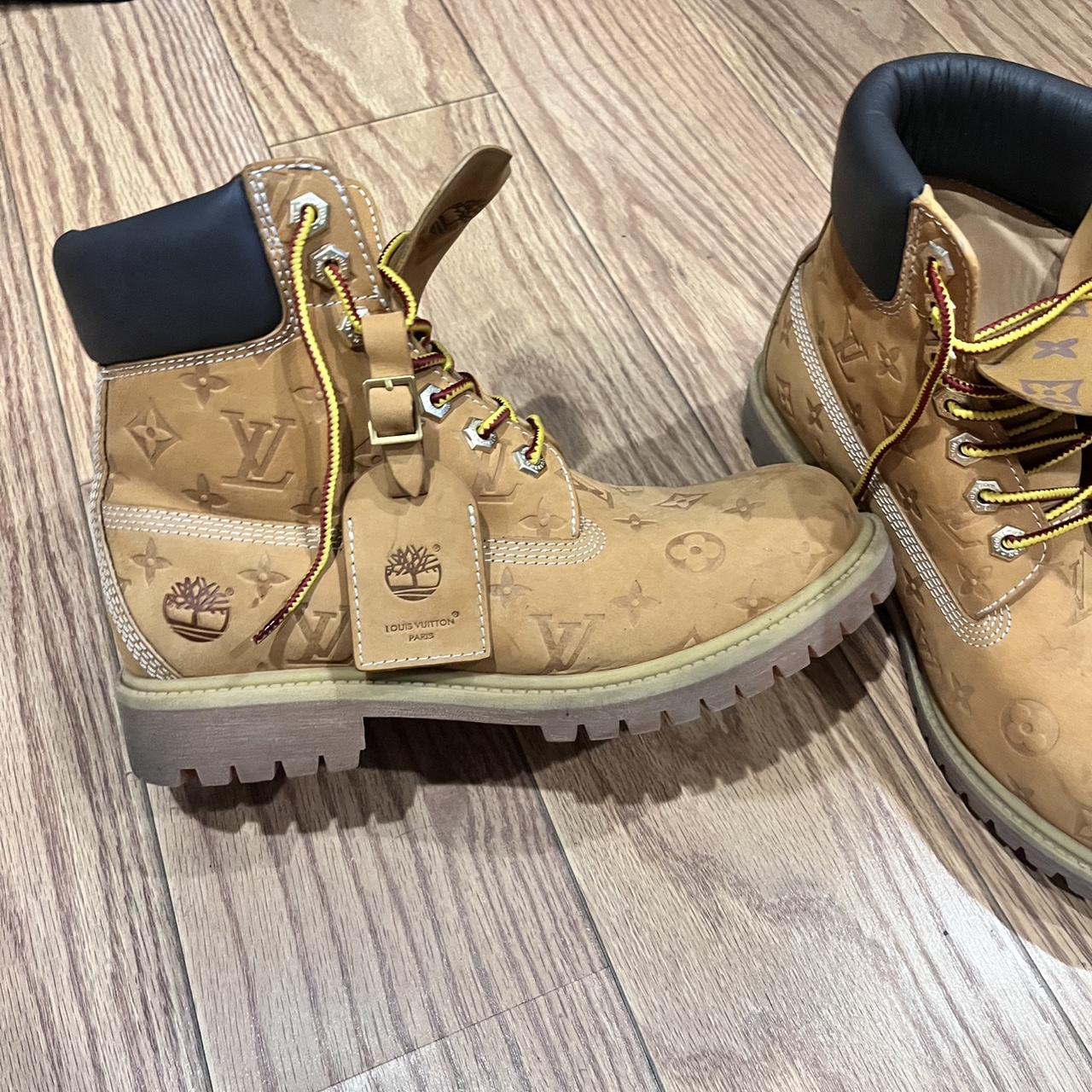 Tan and cream Timberland x Louis Vuitton boots... | Depop