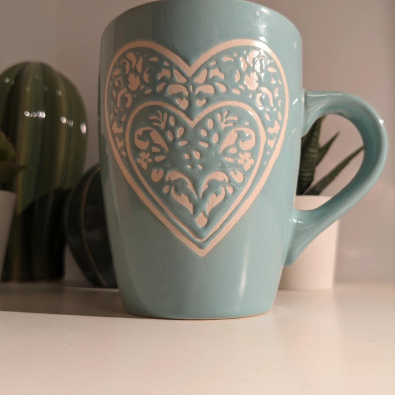 Blue & White Heart Pattern Mug - Light Blue in... - Depop