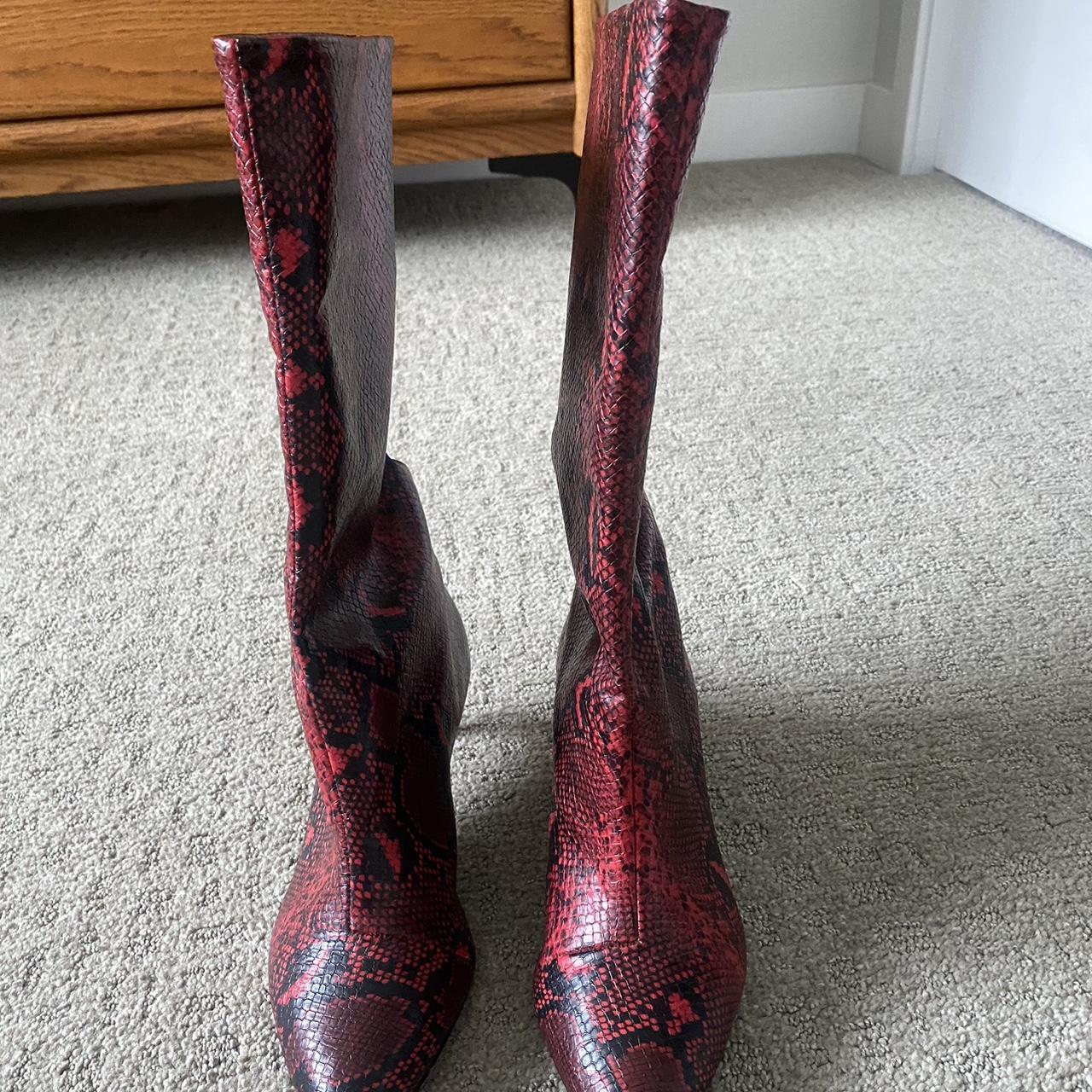 Kitten heel red faux snakeskin boots. Barely worn,... - Depop