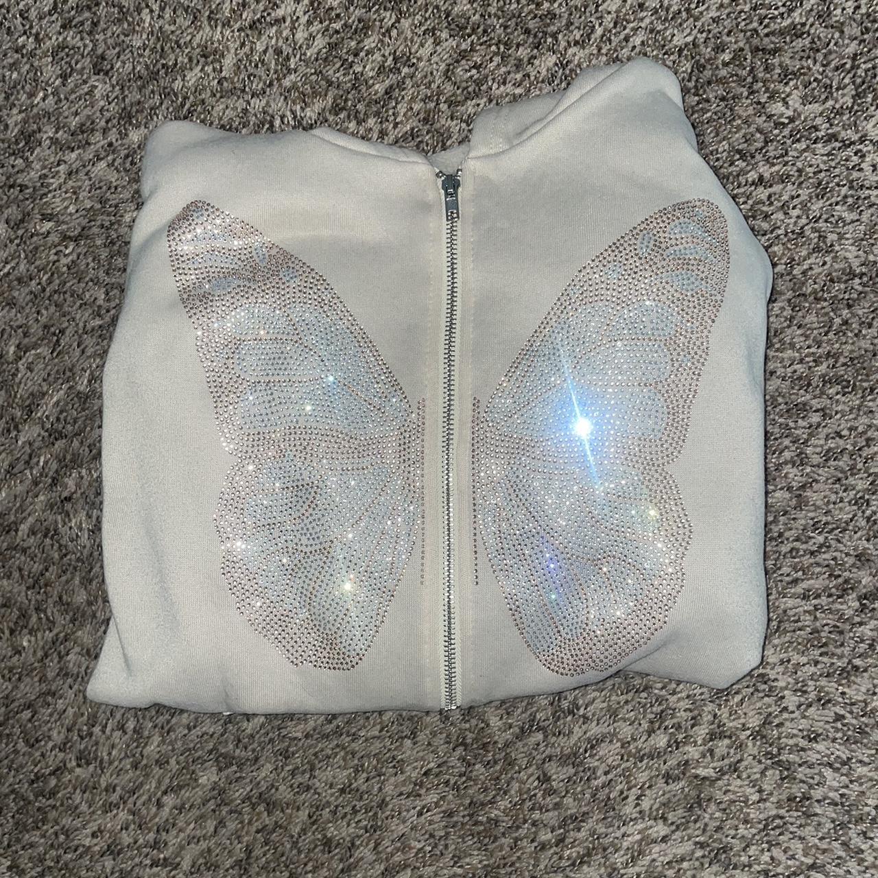 SHEIN Tan Rhinestone butterfly zipup slightly worn(... - Depop