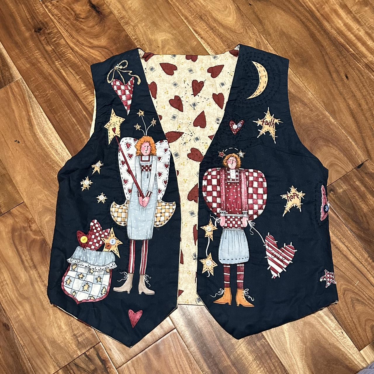 handmade button up vest with patchwork design no tag... - Depop