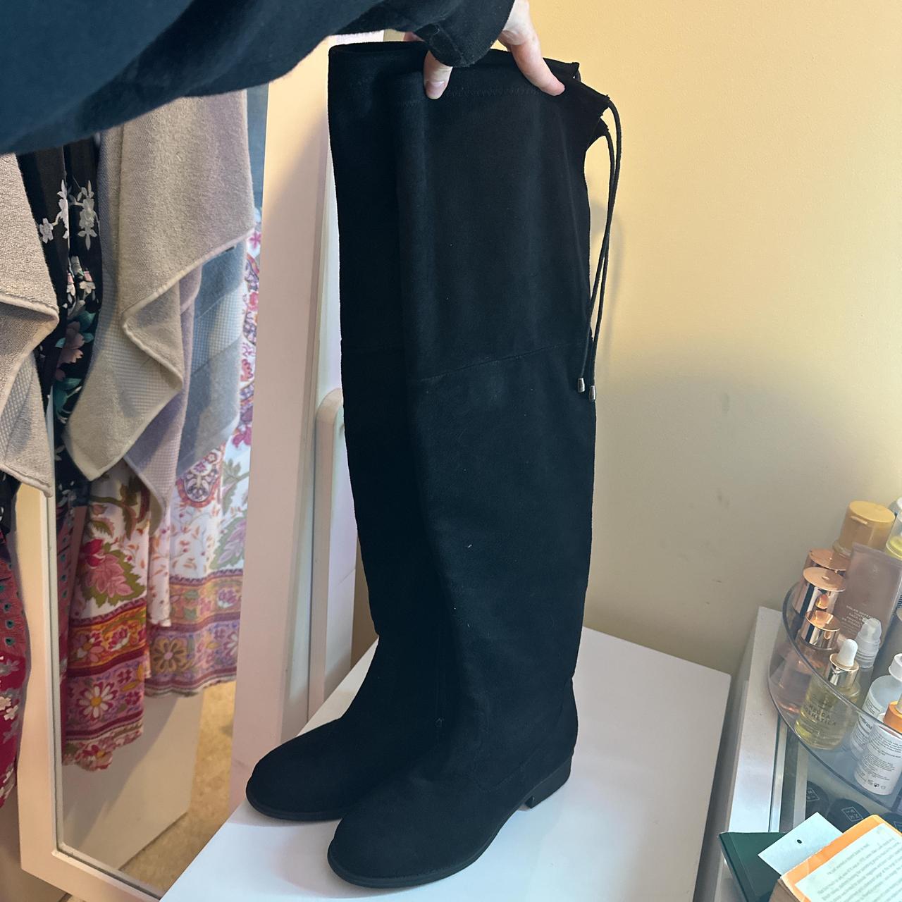 Black suede thigh high flat boots Aus 6 Worn... - Depop