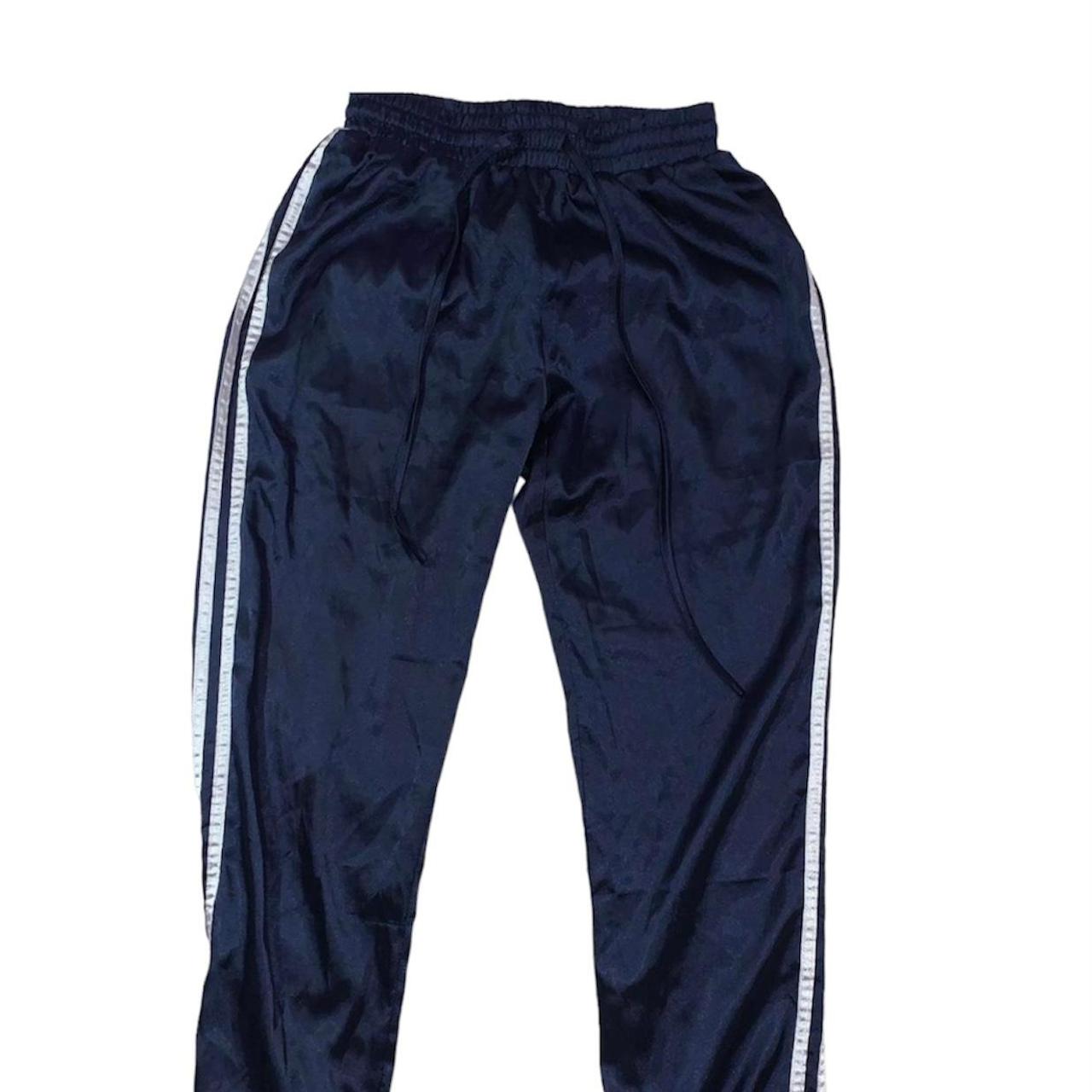 navy blue striped tracksuit bottoms/ joggers in... - Depop