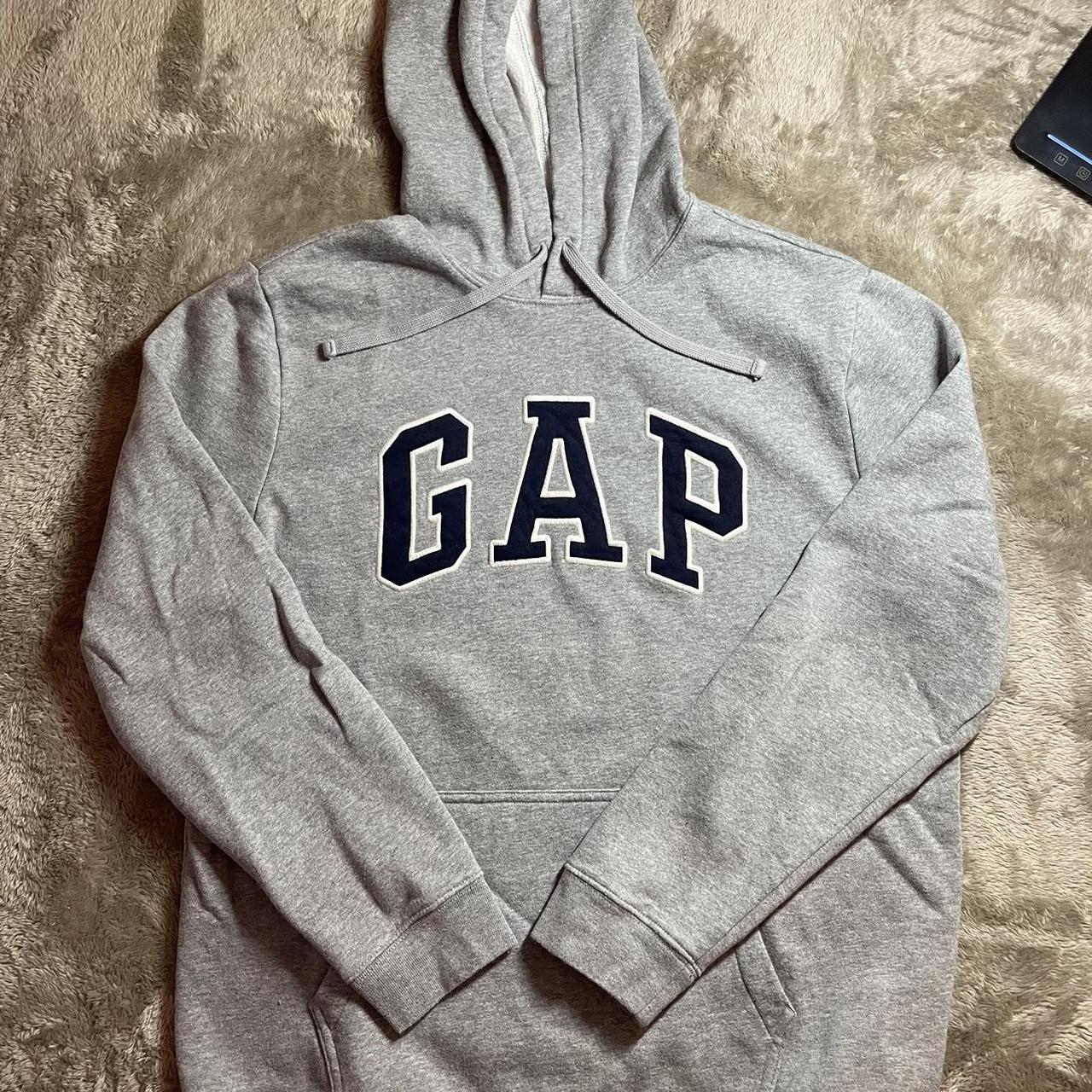 Gap grey and navy blue logo hoodie size large worn... - Depop