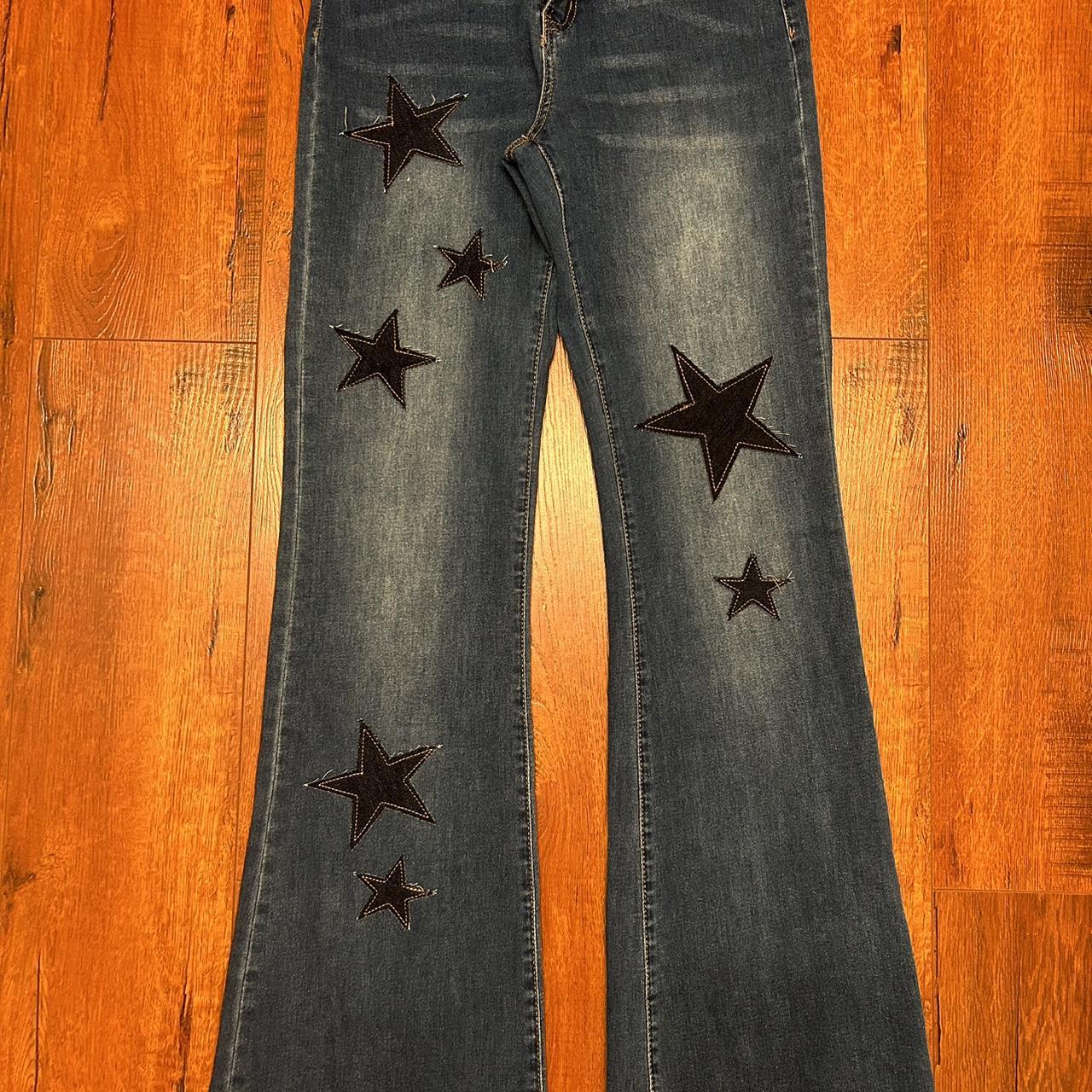 low-rise star embroidered jeans true to size long... - Depop