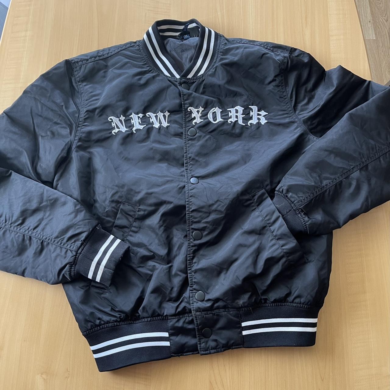 Black and white oversized H&M varsity bomber jacket... - Depop