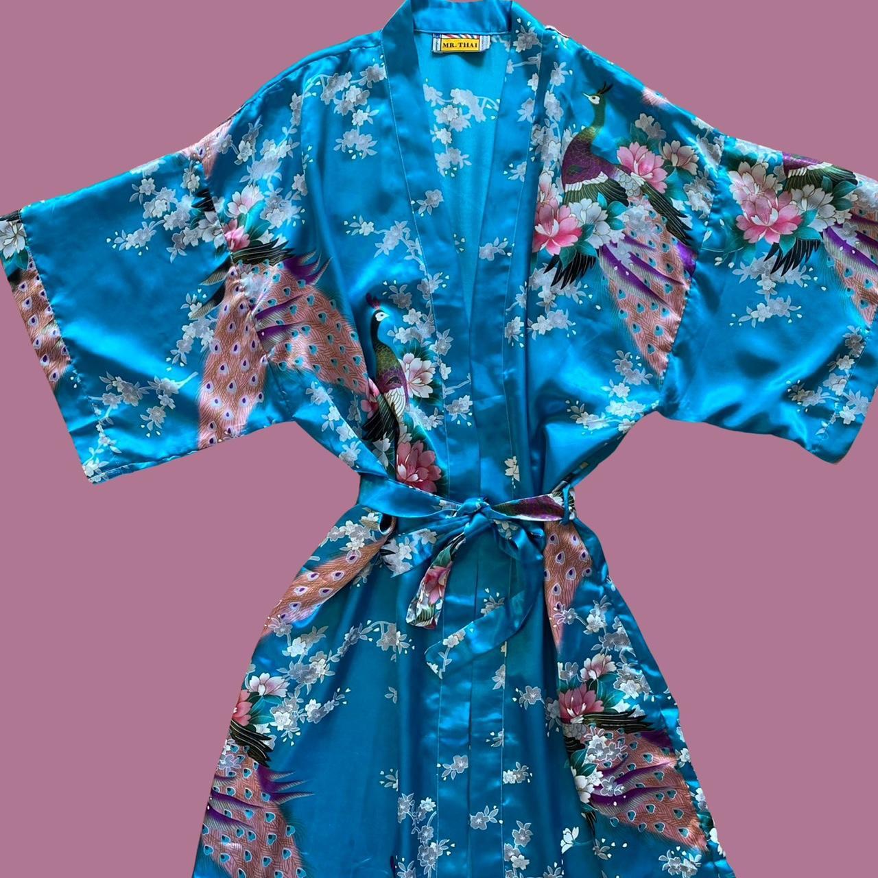 Blue and multi-coloured silk kimono robe with... - Depop