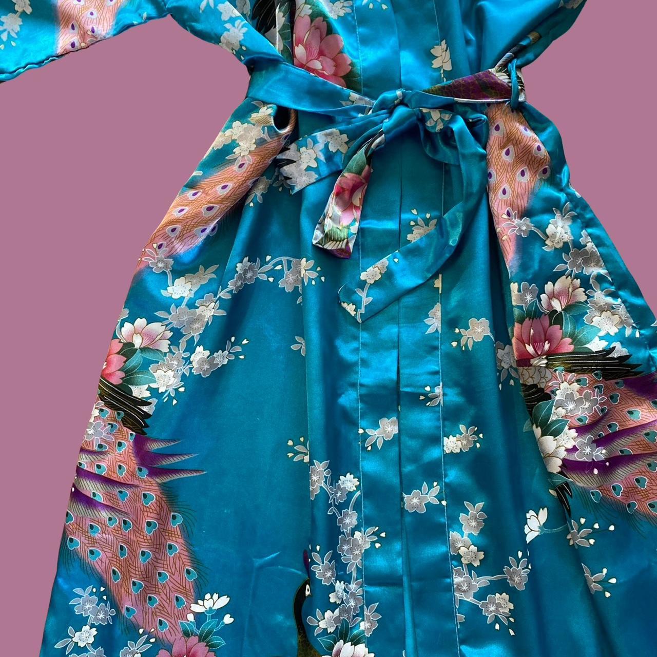 Blue and multi-coloured silk kimono robe with... - Depop