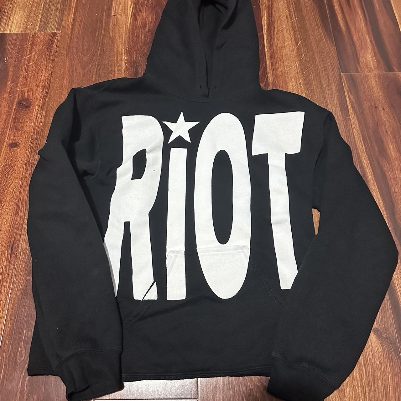 black riot hoodie great condition and print #riot... - Depop