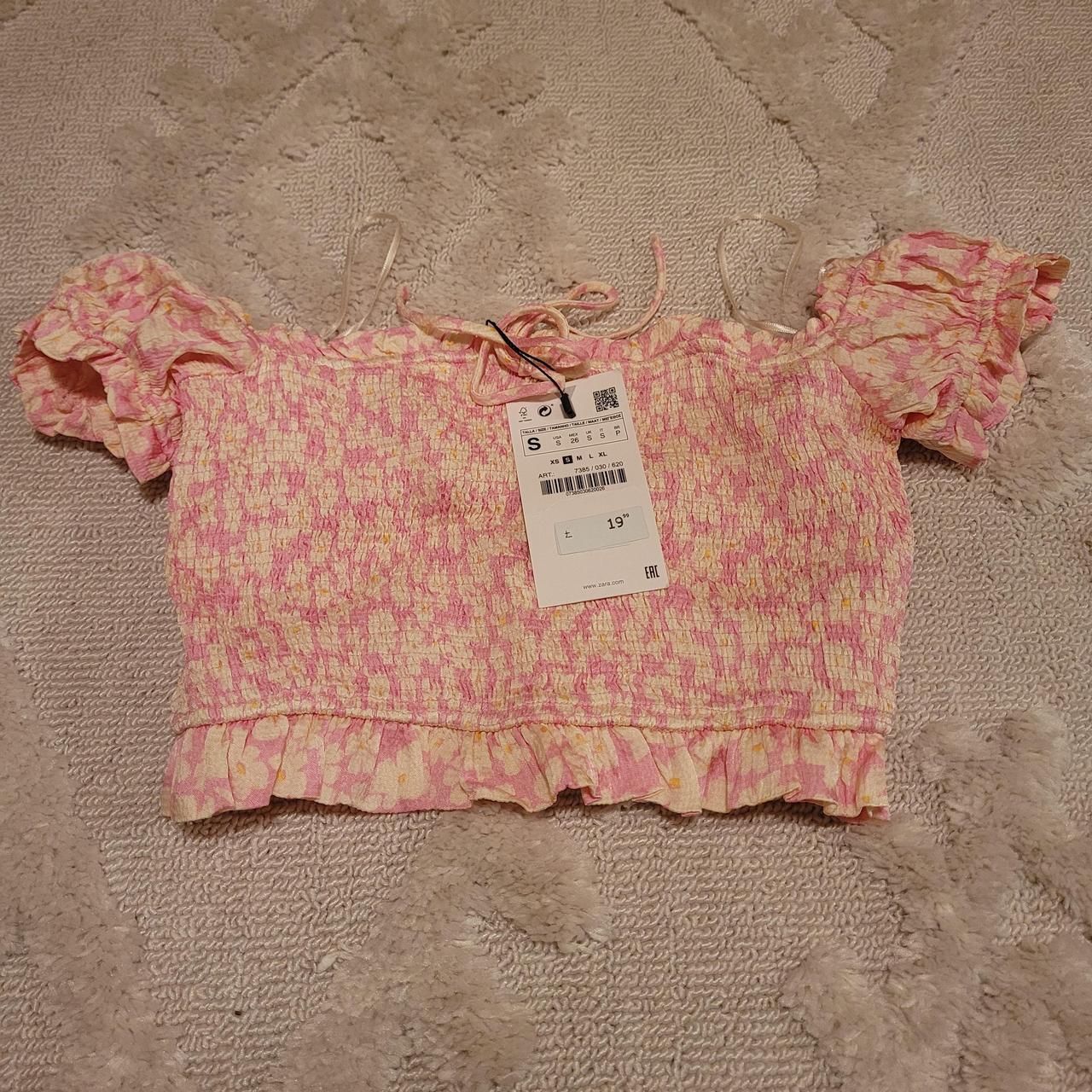 Zara Pink Floral Ruched Crinkled Crop Top. Size S.... - Depop