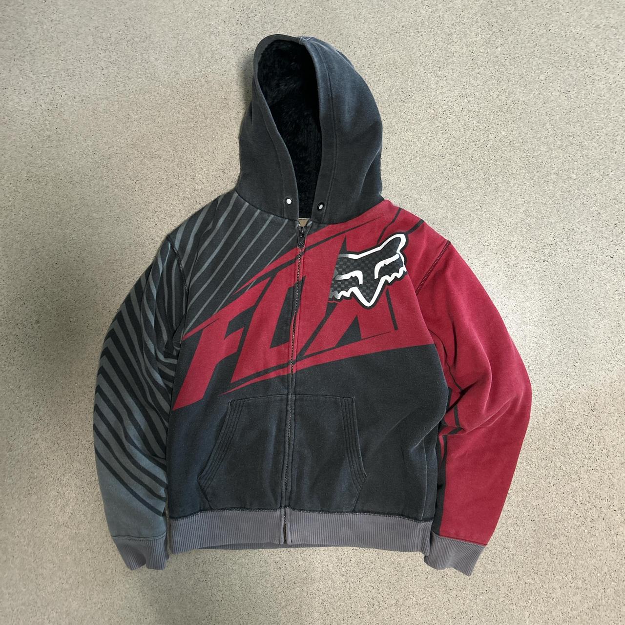 Insane vintage y2k fox racing zip up hoodie with fur... - Depop