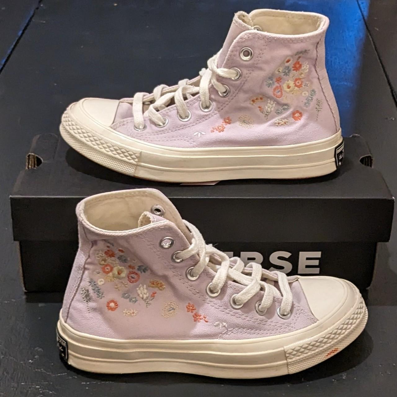 Pink converse with flowers on the outside. Good... - Depop