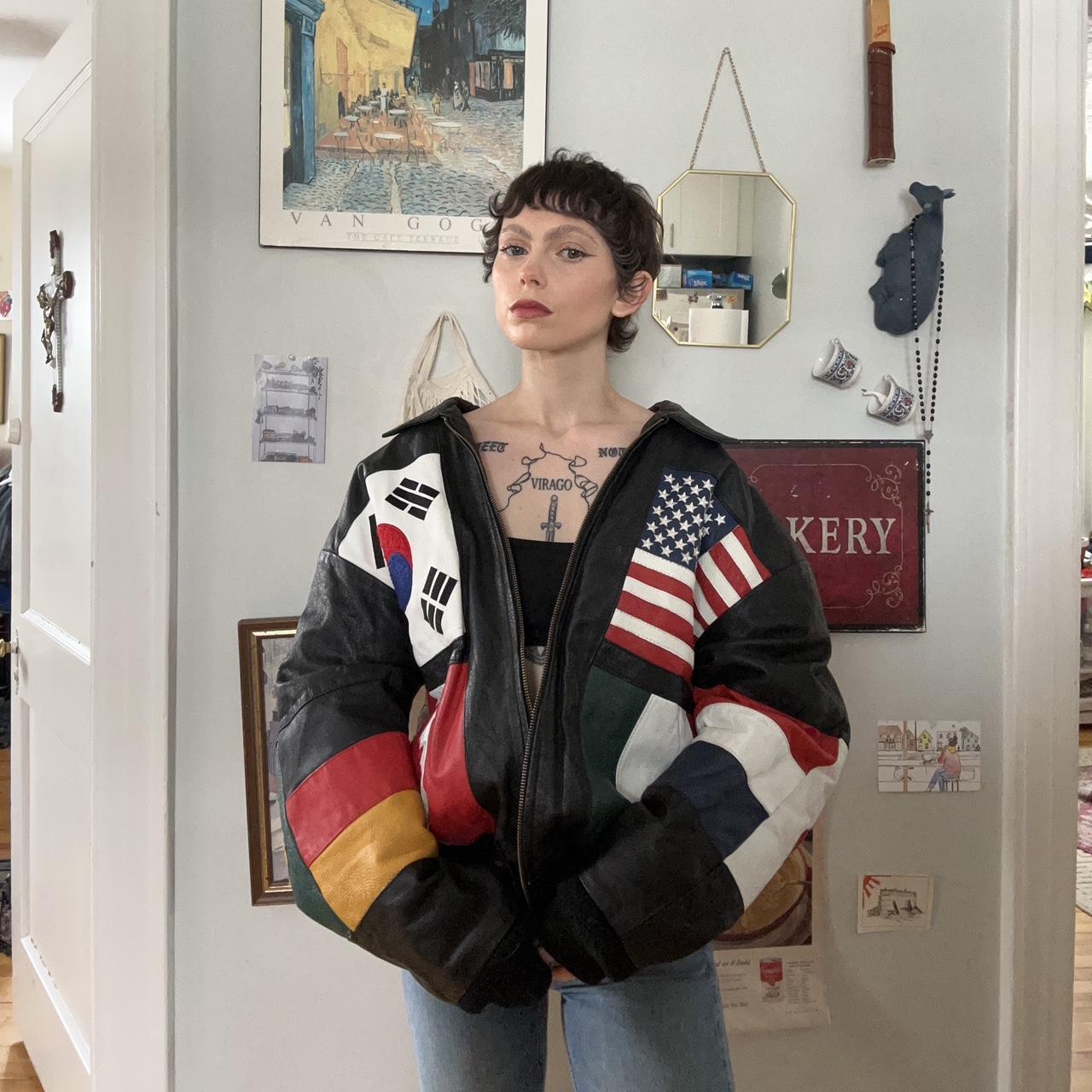 90s Phase 2 International Flag Leather Bomber • a... - Depop