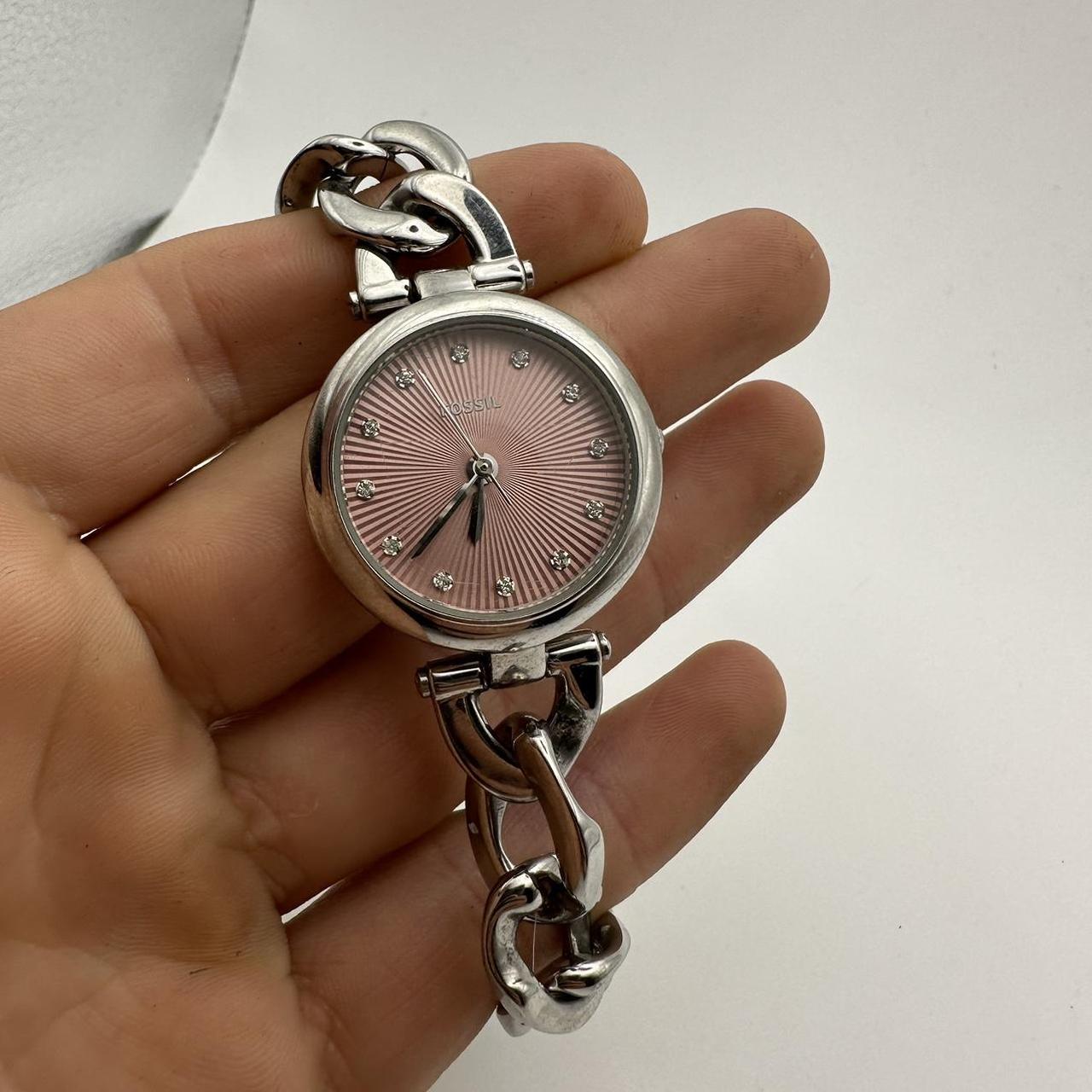 Fossil women’s silver Watch red face Quartz circular... - Depop