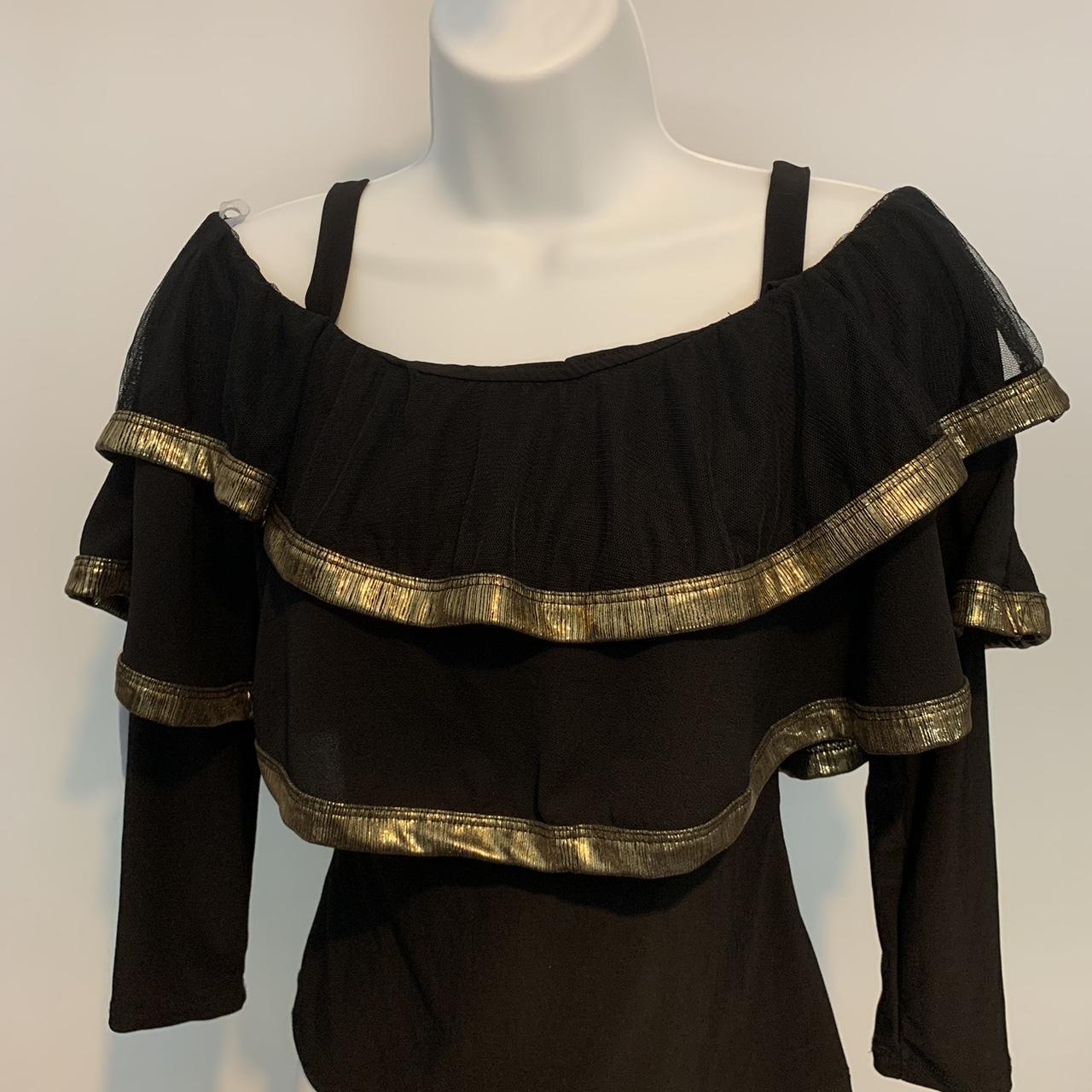 Double frilled black gold trim off shoulder top.... - Depop