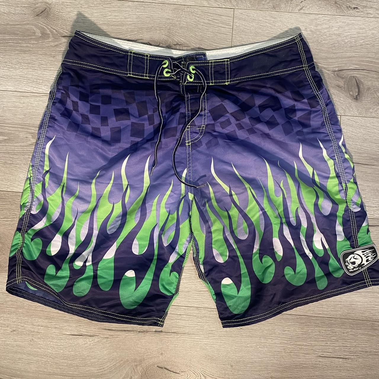Y2K Rusty Flame Skull Swimtrunks No flaws Measure... - Depop